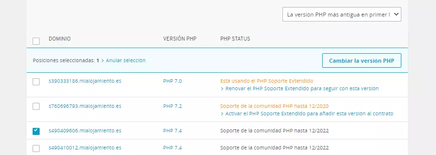 Actualizar PHP y cancelar el soporte extendido de PHP - IONOS